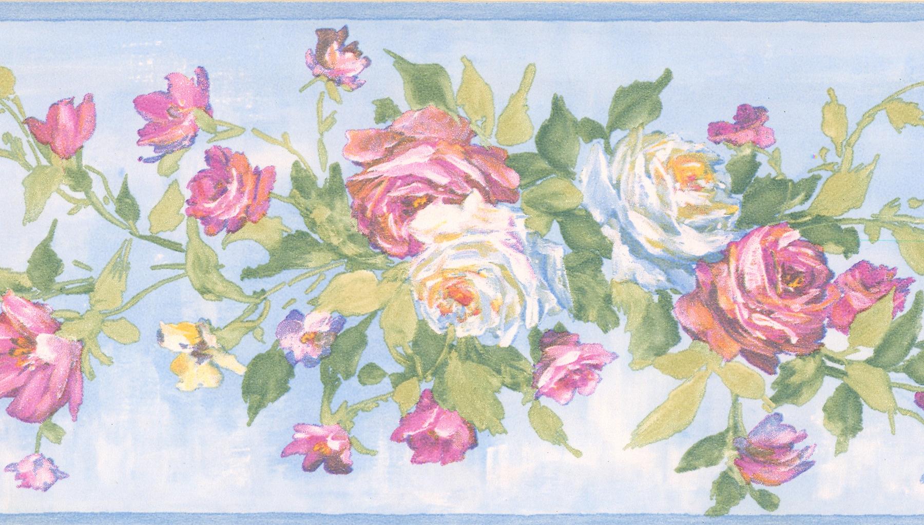 Brewster Wallcovering Rosa light blue Floral Bouquet Border Wallpaper